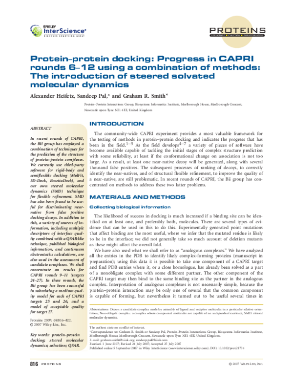(PDF) Protein-protein docking: Progress in CAPRI rounds 6-12 using a ...