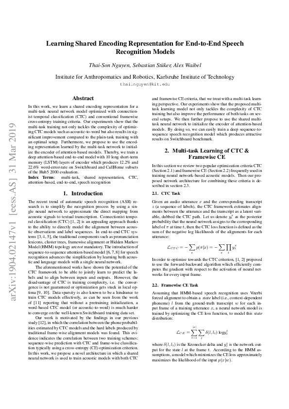 (PDF) Learning Shared Encoding Representation for End-to-End Speech Recognition Models