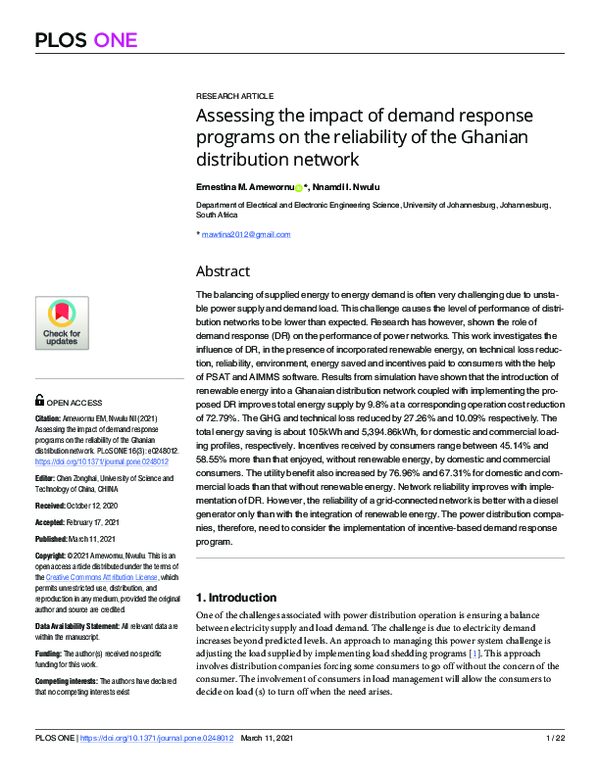 (PDF) Assessing the impact of demand response programs on the reliability of the Ghanian ...