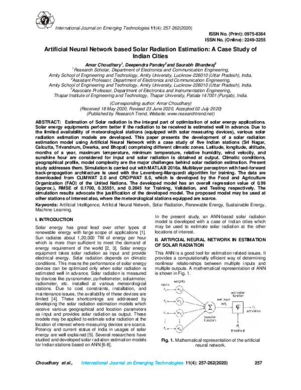 (PDF) Artificial Neural Network based Solar Radiation Estimation: A Case Study of Indian Cities