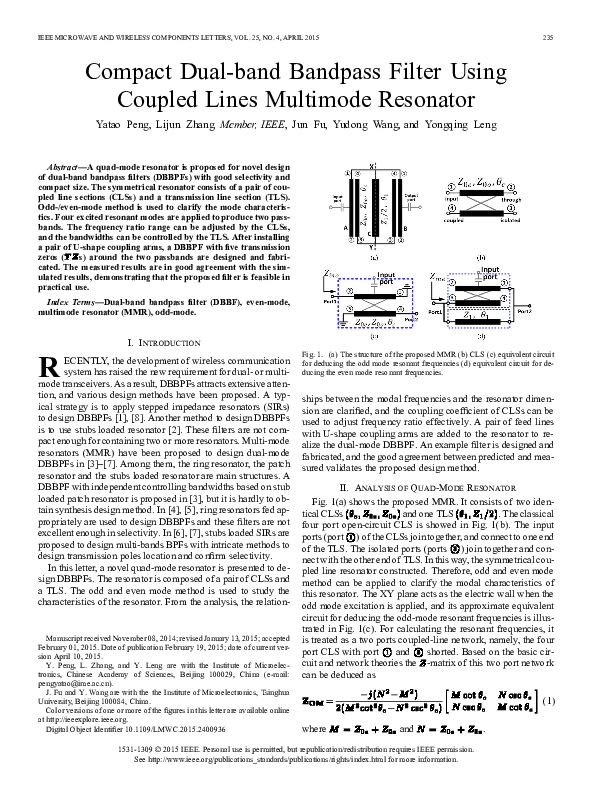 Pdf Compact Dual Band Bandpass Filter Using Coupled Three Line