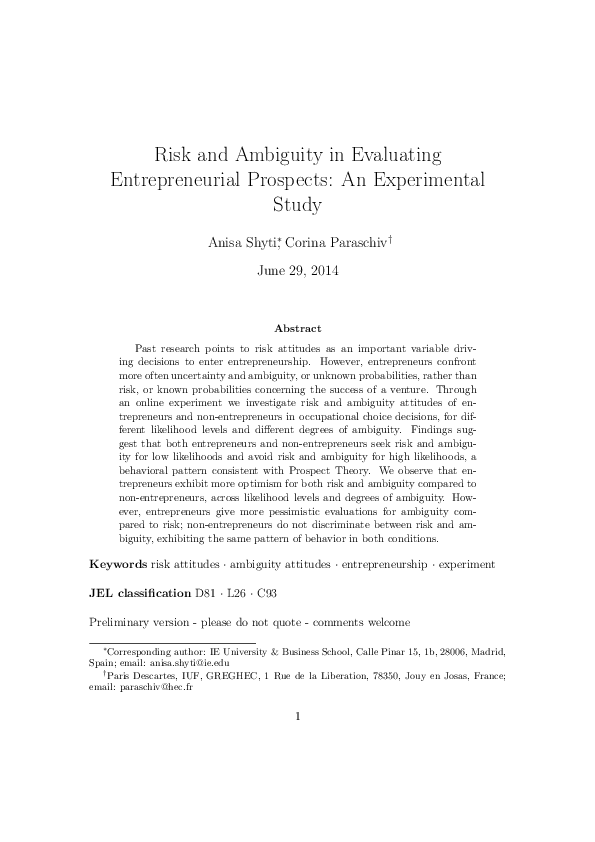 (PDF) Risk and Ambiguity in Evaluating Entrepreneurial Prospects : An Experimental Study
