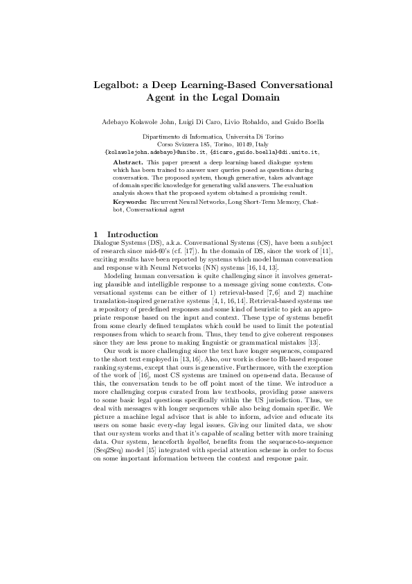 (PDF) Legalbot: A Deep Learning-Based Conversational Agent in the Legal Domain
