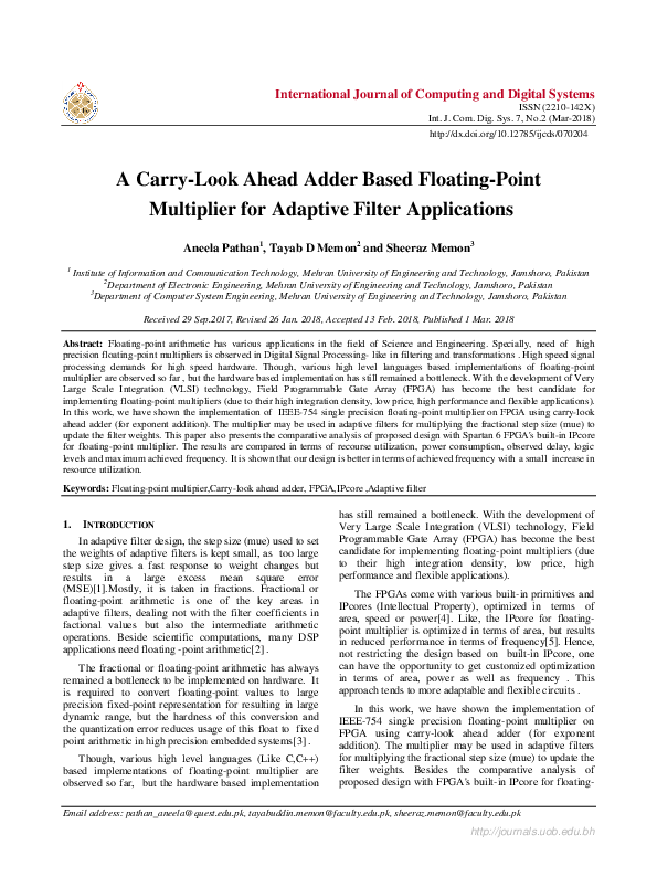 (PDF) A Carry-Look Ahead Adder Based Floating-Point Multiplier for ...