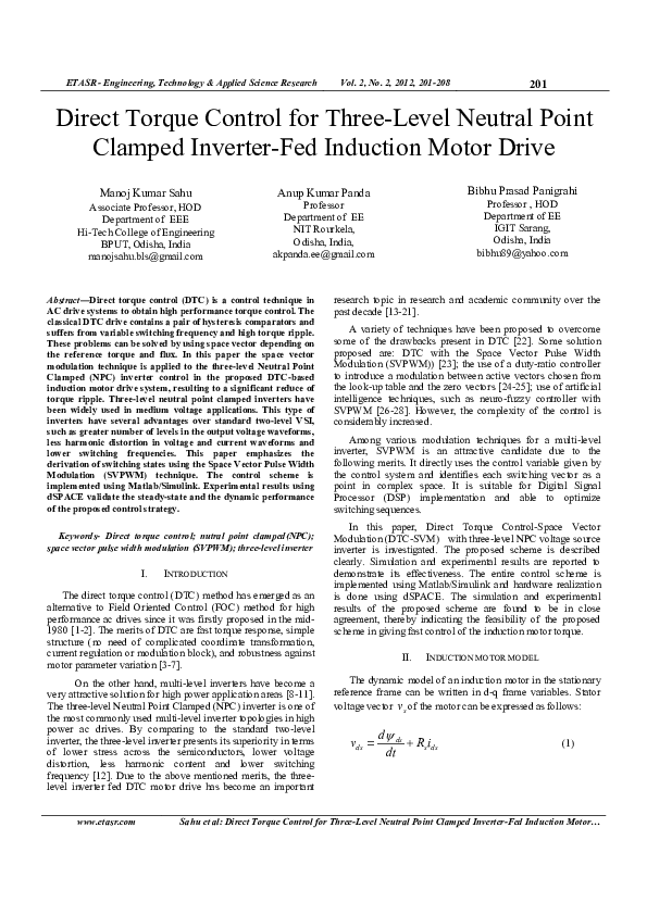 (PDF) Direct Torque Control for Three-Level Neutral PointClamped Inverter-Fed Induction Motor Drive
