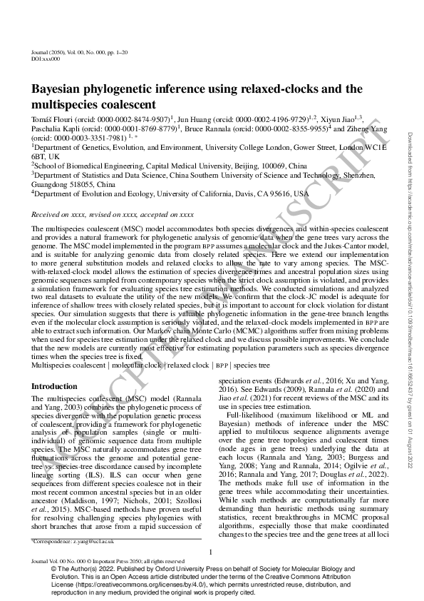 (PDF) Bayesian phylogenetic inference using relaxed-clocks and the multispecies coalescent