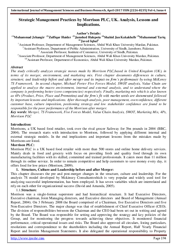 (PDF) Strategic Management Practices by Morrison PLC, UK. Analysis ...