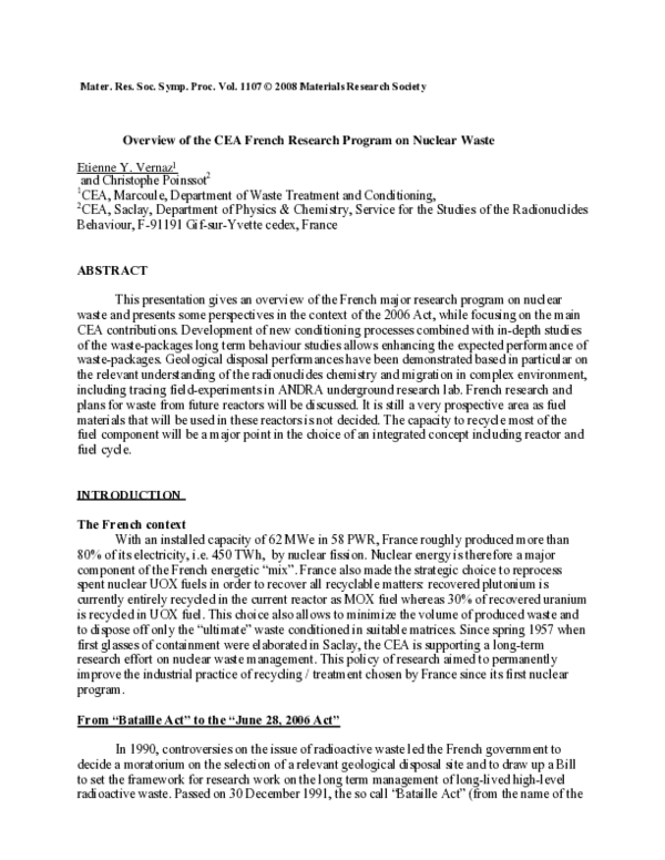 (PDF) Overview of the CEA French Research Program on Nuclear Waste