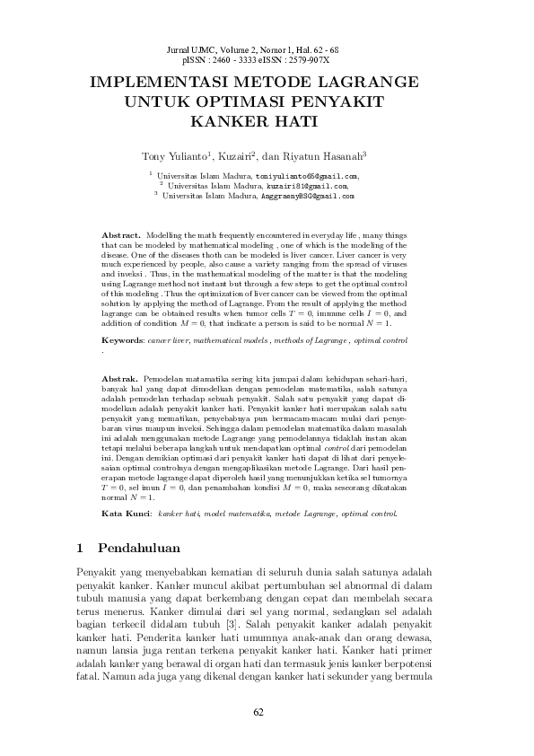 (PDF) Implementasi Metode Lagrange Untuk Optimasi Penyakit Kanker Hati