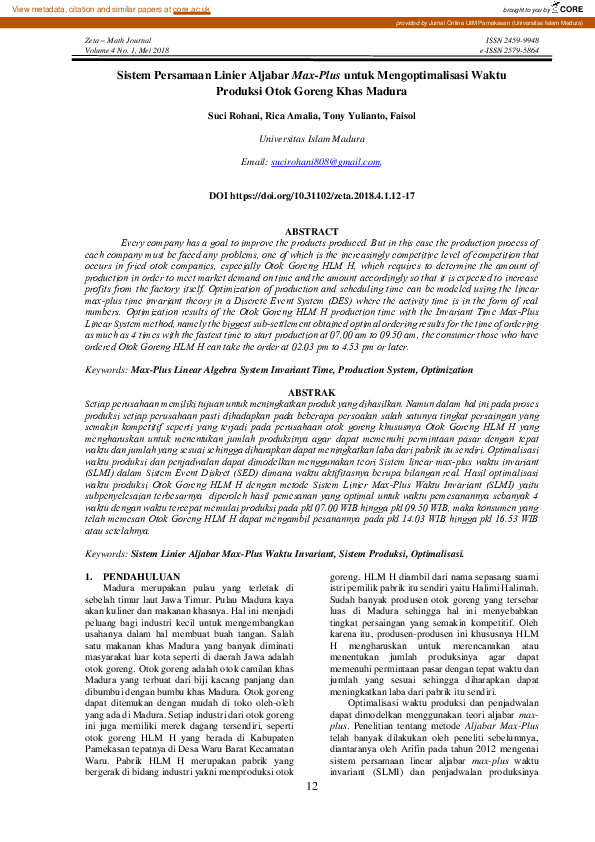 (PDF) Sistem Persamaan Linier Aljabar Max-Plus untuk Mengoptimalisasi ...
