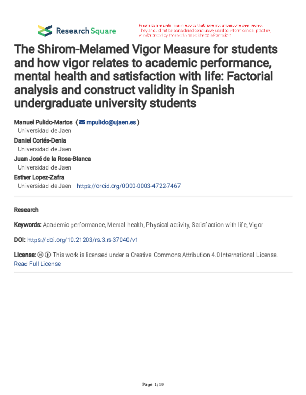 (PDF) The Shirom-Melamed Vigor Measure for students and how vigor ...