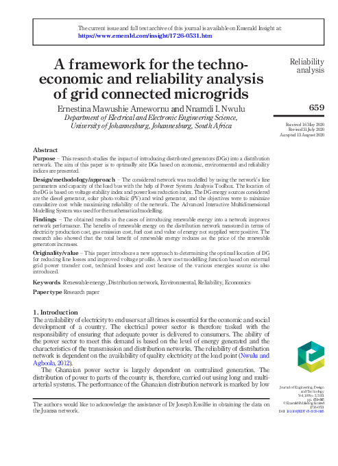 (PDF) A framework for the technoeconomic and reliability analysis of grid connected microgrids