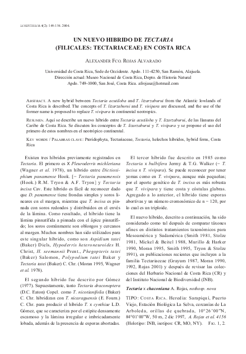 (PDF) Un nuevo híbrido de Tectaria (Filicales: Tectariaceae) en Costa Rica
