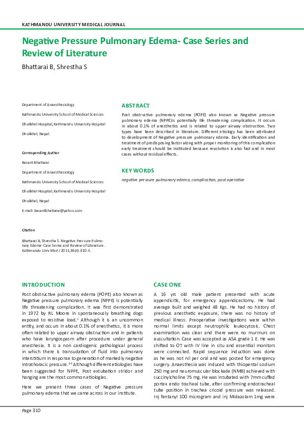 (PDF) Negative Pressure Pulmonary Edema- Case Series and Review of ...