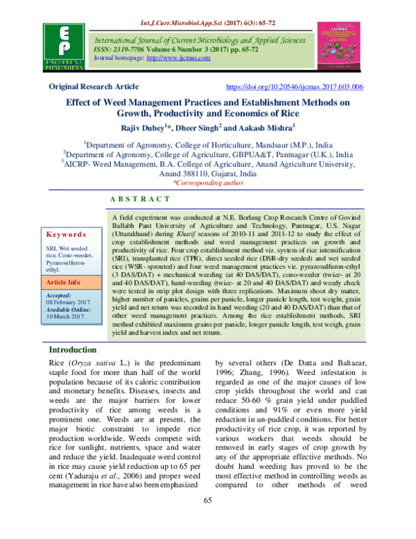 (PDF) Effect of Weed Management Practices and Establishment Methods on Growth, Productivity and ...