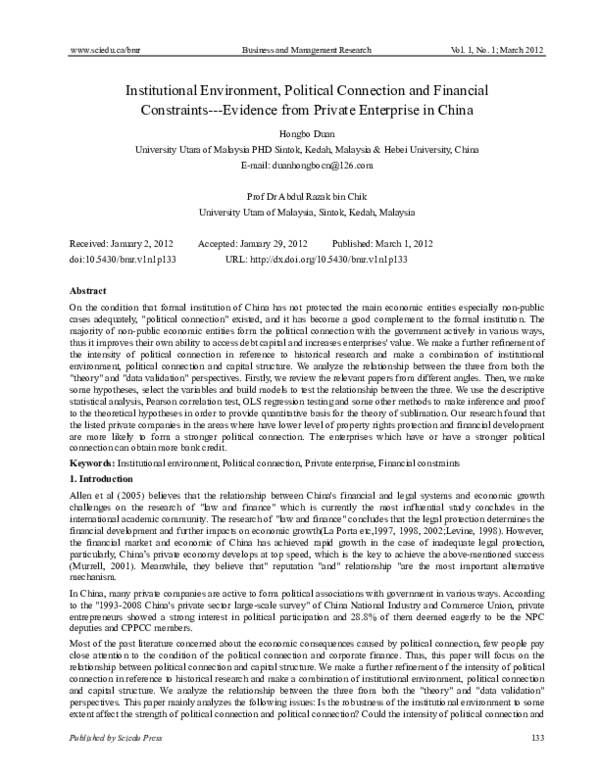 (PDF) Institutional Environment, Political Connection and Financial ...