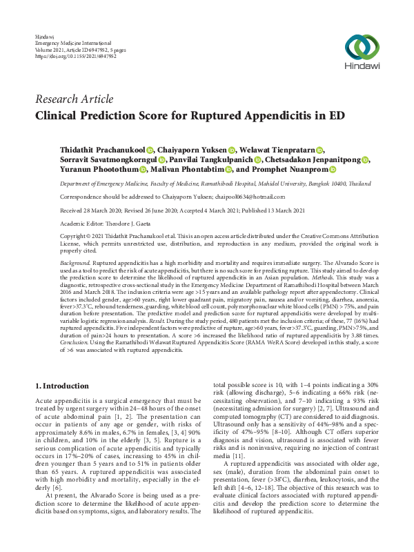 (PDF) Clinical Prediction Score for Ruptured Appendicitis in ED