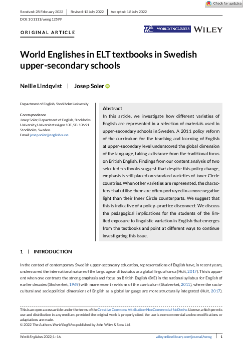 (PDF) World Englishes in ELT textbooks in Swedish upper-secondary schools