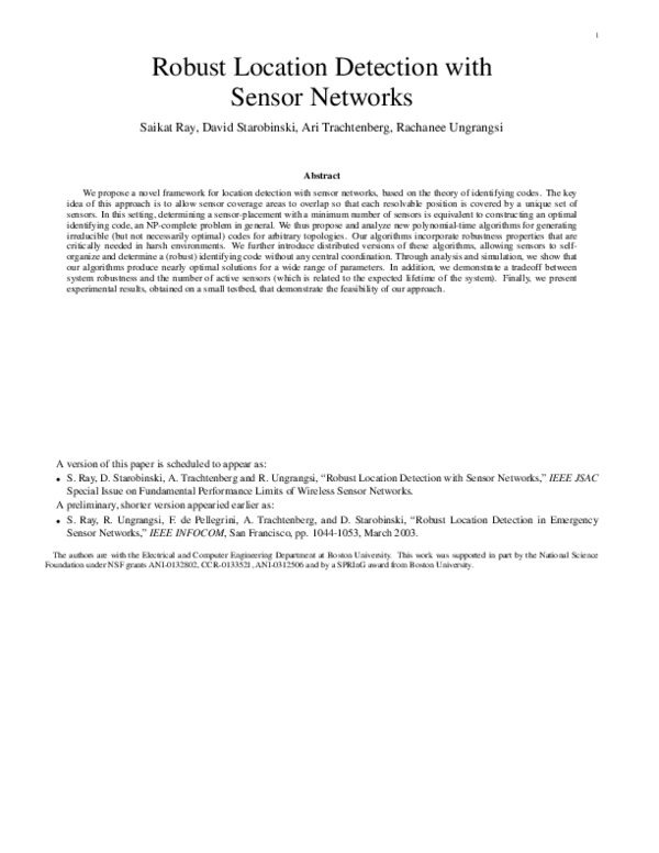 (PDF) Robust Location Detection With Sensor Networks | Saikat Ray - Academia.edu