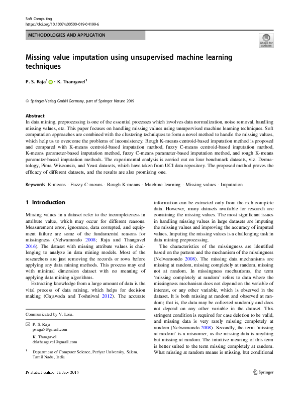 Pdf Missing Value Imputation Using Unsupervised Machine Learning Techniques