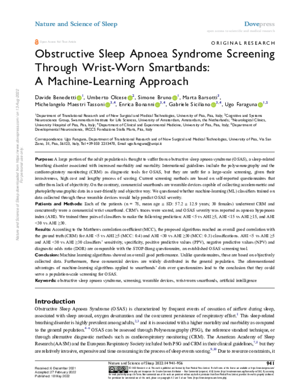 Pdf Obstructive Sleep Apnoea Syndrome Screening Through Wrist Worn Smartbands A Machine