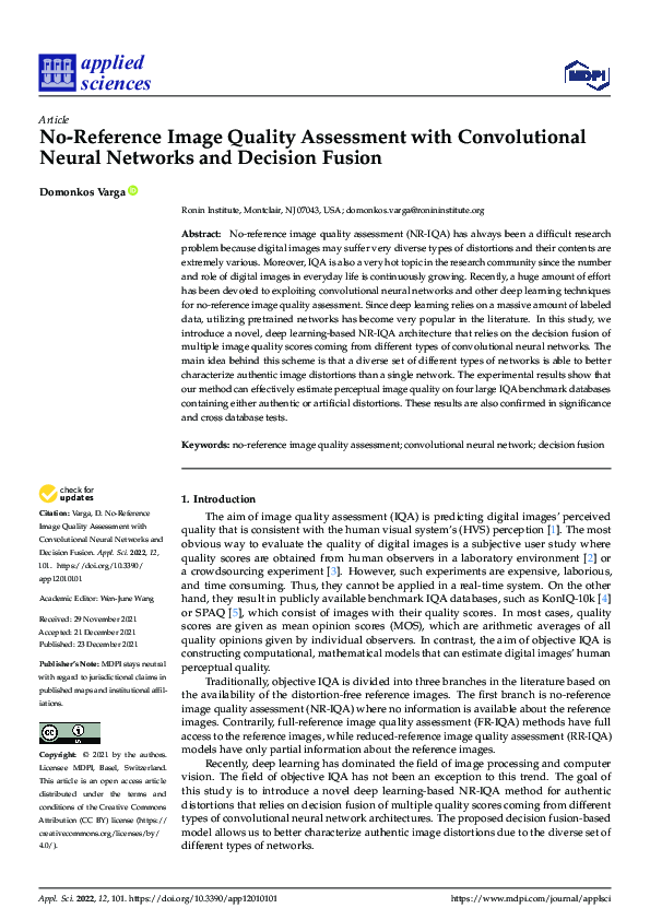 Pdf No Reference Image Quality Assessment With Convolutional Neural Networks And Decision Fusion