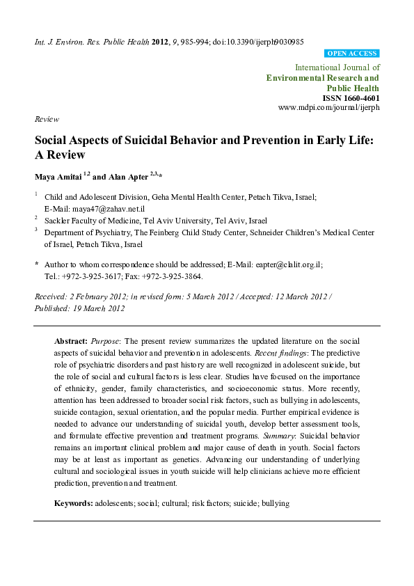(PDF) Social Aspects of Suicidal Behavior and Prevention in Early Life ...