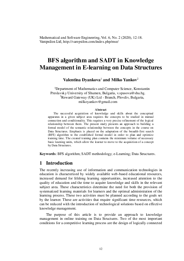 (PDF) BFS algorithm and SADT in Knowledge Management in E-learning on Data Structures