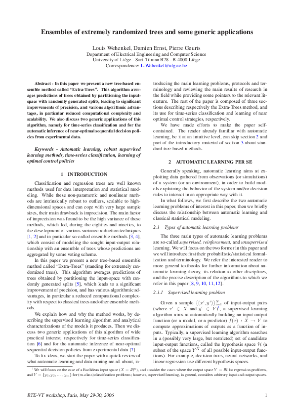 Pdf Ensembles Of Extremely Randomized Trees And Some Generic Applications L Wehenkel 1148