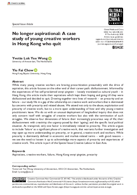 (PDF) No longer aspirational: A case study of young creative workers in Hong Kong who quit