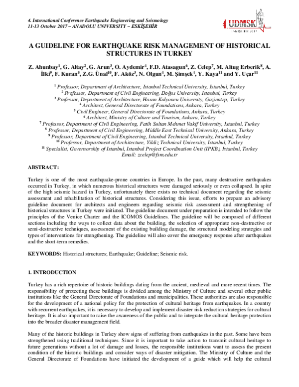 (PDF) A guideline for earthquake risk management of historical structures in Turkey