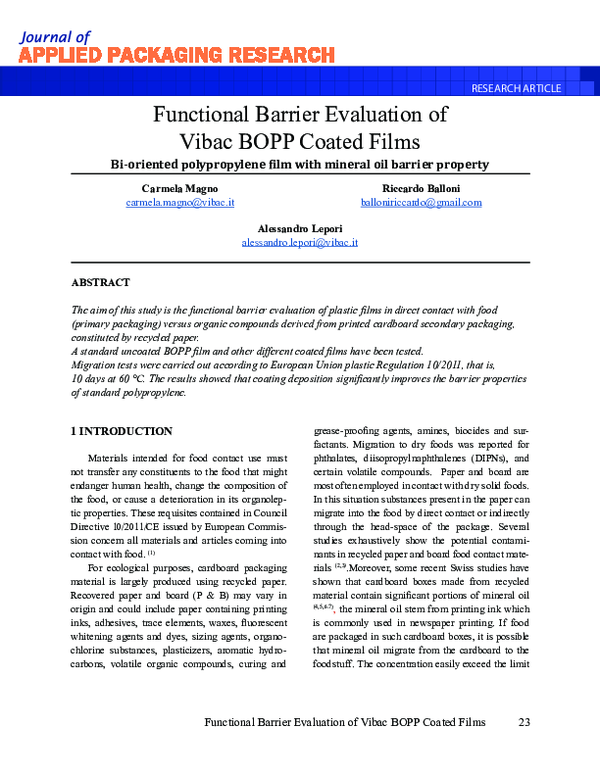 (PDF) Functional Barrier Evaluation of Vibac BOPP Coated Films
