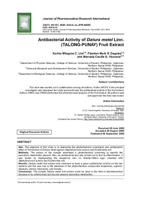 (PDF) Antibacterial Activity of Datura metel Linn. (TALONG-PUNAY) Fruit ...