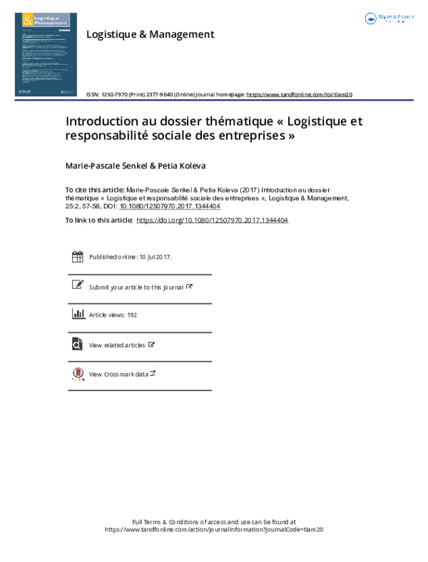 (PDF) Introduction au dossier thématique « Logistique et responsabilité ...