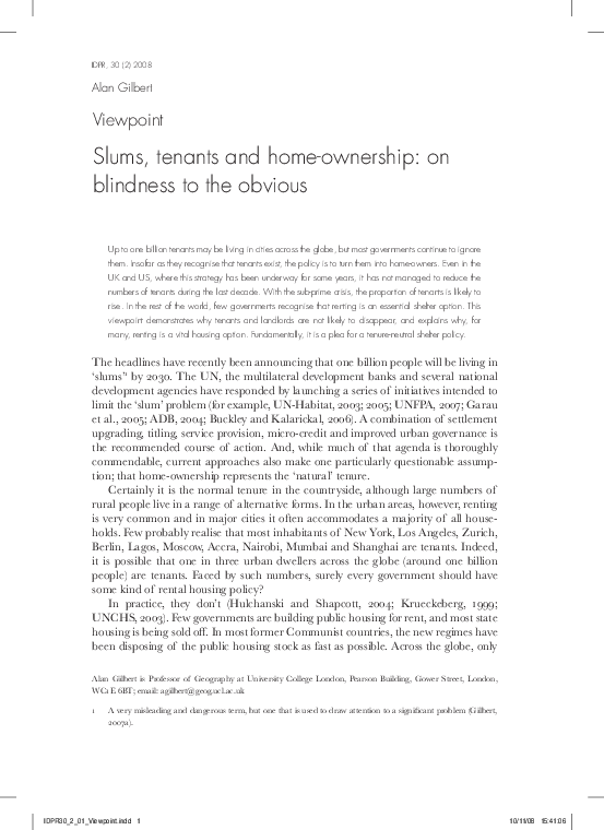 (PDF) Viewpoint: Slums, tenants and home-ownership: on blindness to the ...
