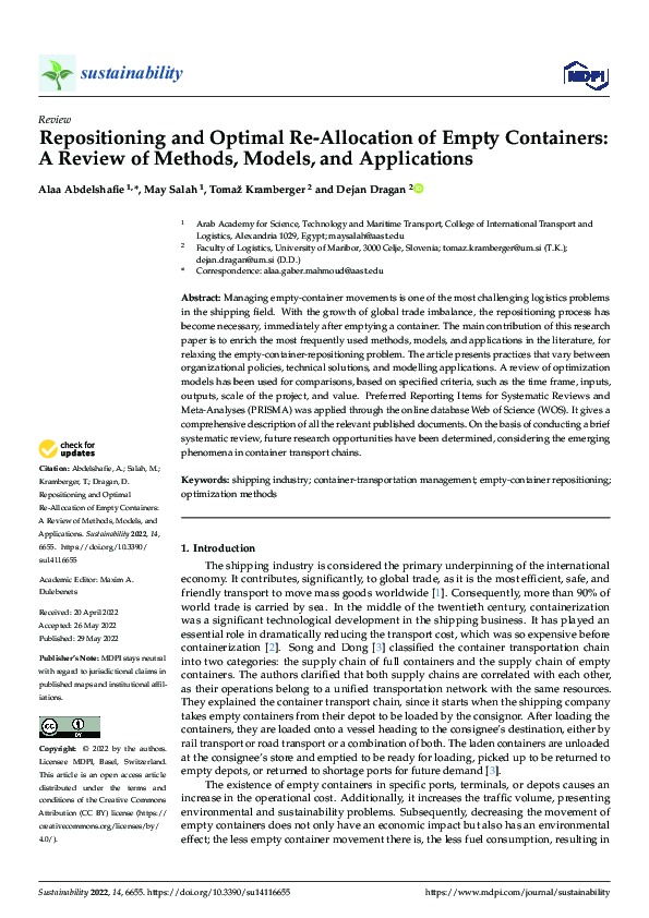 Pdf Repositioning And Optimal Re Allocation Of Empty Containers A Review Of Methods Models
