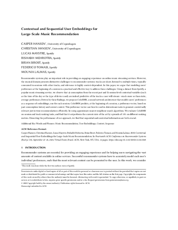 (PDF) Contextual and Sequential User Embeddings for Large-Scale Music Recommendation