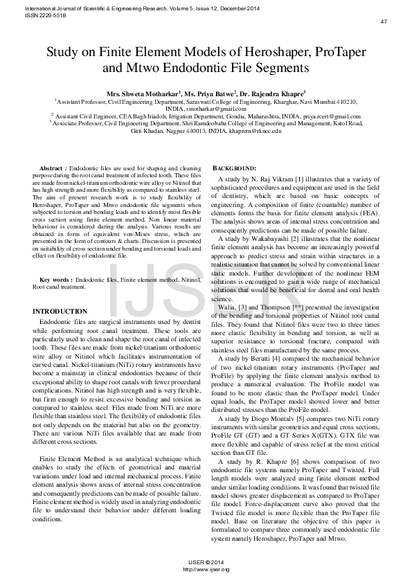 (PDF) Study on Finite Element Models of Heroshaper, ProTaper and Mtwo Endodontic File Segments
