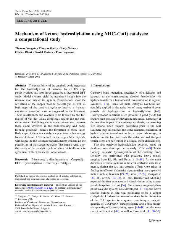 (PDF) Mechanism of ketone hydrosilylation using NHC–Cu(I) catalysts: a computational study