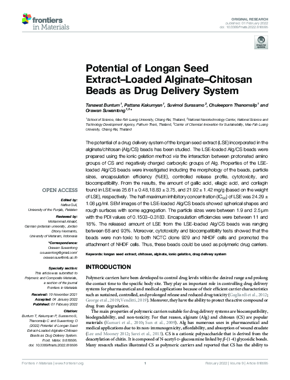 Pdf Potential Of Longan Seed Extract Loaded Alginate Chitosan Beads As Drug Delivery System