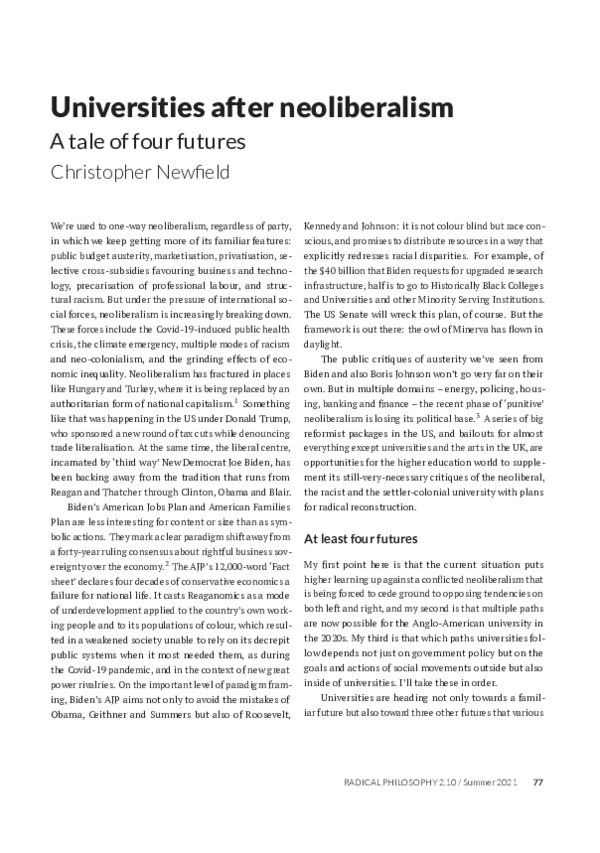 (PDF) Universities After Neoliberalism: A Tale of Four Futures