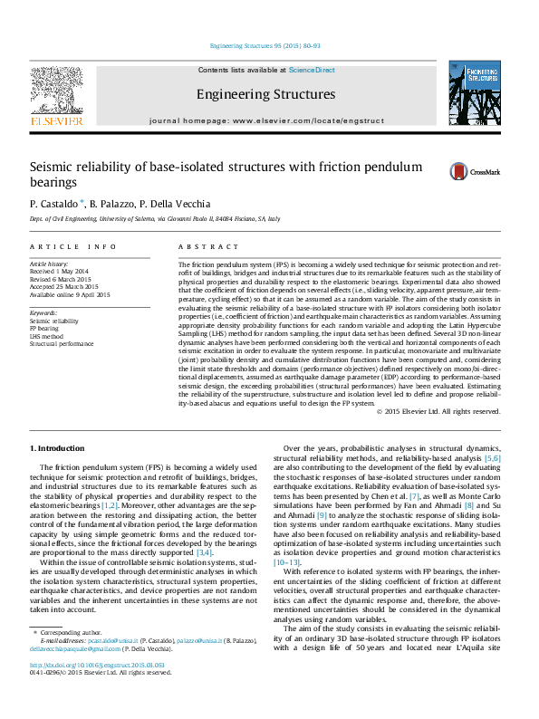 (PDF) Seismic reliability of base-isolated structures with friction pendulum bearings