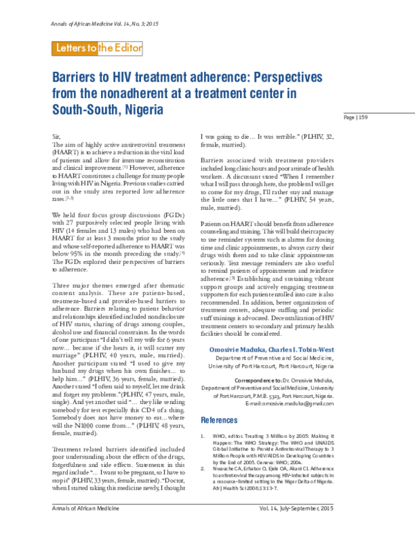 (PDF) Barriers to HIV treatment adherence: Perspectives from the ...