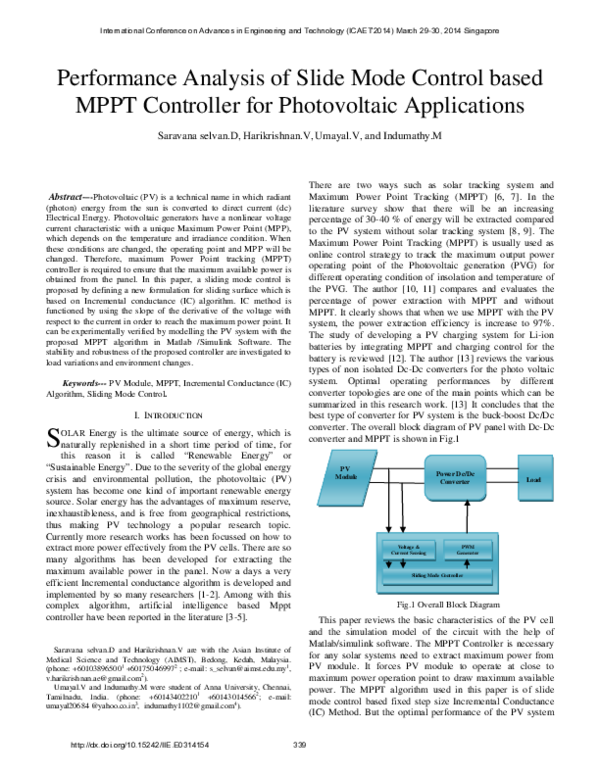 (PDF) Performance Analysis of Slide Mode Control based MPPT Controller for Photovoltaic Applications
