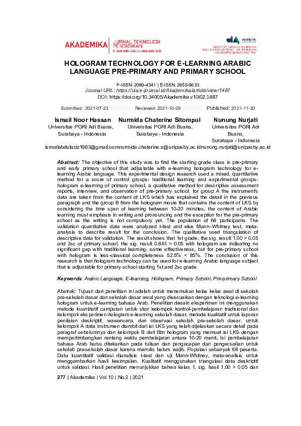 (PDF) Hologram Technology For E-Learning Arabic Language Pre-Primary ...