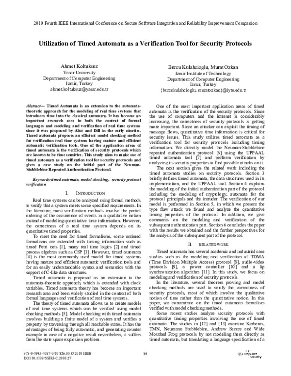 Pdf Utilization Of Timed Automata As A Verification Tool For Security Protocols Murat Ozkan