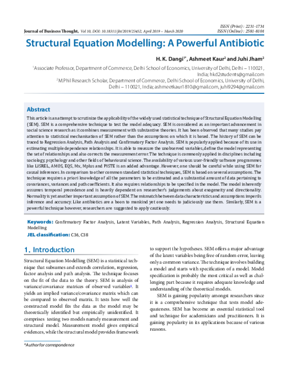 (PDF) Structural Equation Modelling: A Powerful Antibiotic | Juhi Jham ...