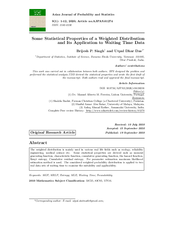 Pdf Some Statistical Properties Of A Weighted Distribution And Its Application To Waiting Time