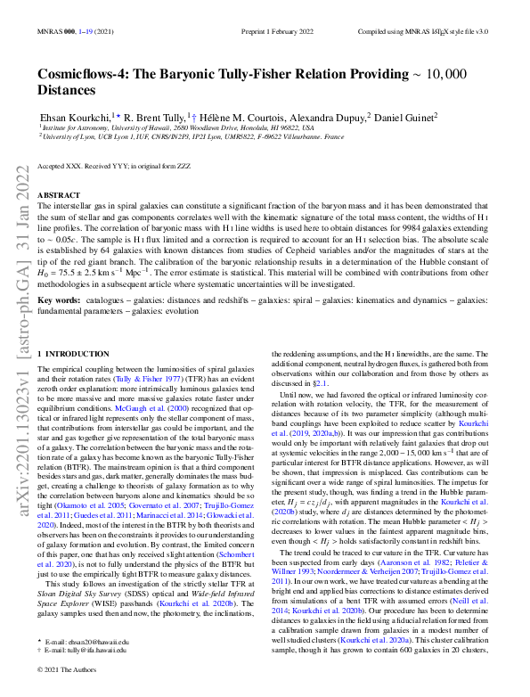 (PDF) Cosmicflows-4: the baryonic Tully–Fisher relation providing ∼10 ...