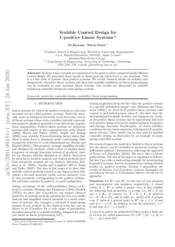 (PDF) Scalable Control Design for K-positive Linear Systems